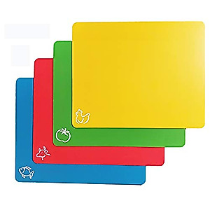 1 Click Extra Thick Flexible Plastic Cutting Board Mats with Food Icons &"EZ-Grip" Waffle Back, (set of 4), For Kitchen & Bar