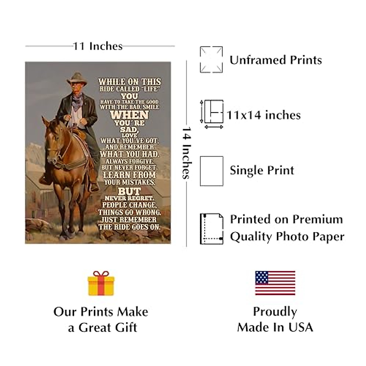 Ride Called Life - Inspirational Wall Decor, Motivational Rustic Western Wall Art with Cowboy Photo Print Is Ideal Living Room Decor, Office Decor, Library, Home Decor or Room Decor, Unframed -11x14