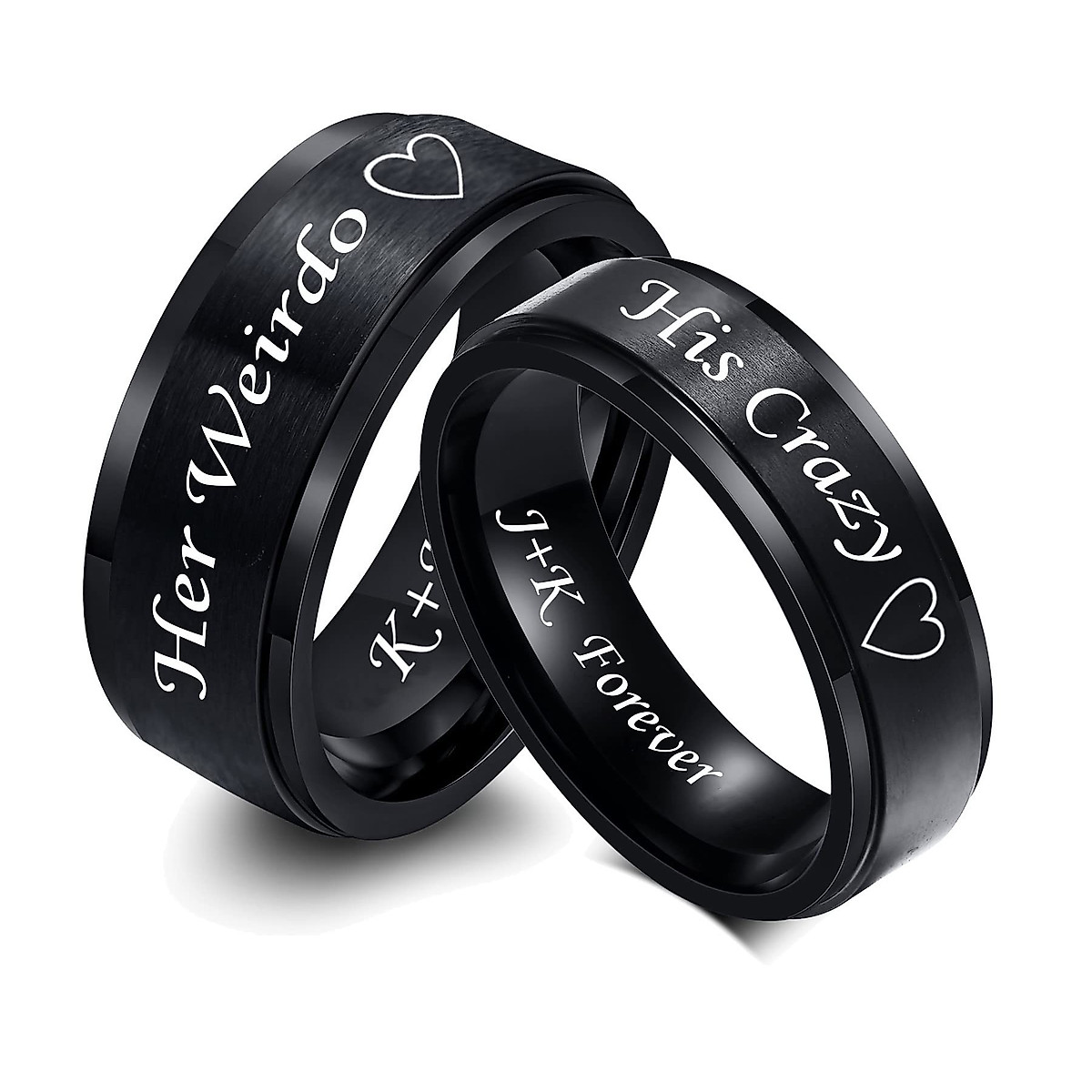 MZZJ Customize Her Weirdo & His Crazy Couple Ring Set Titanium Rings 8MM+6MM Brushed Couple Ring Set for Wedding Engagement Step Edges Promise Rings for Him Her for Couples