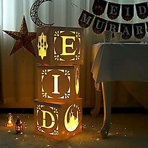Decoration Boxes with Light - 3pcs White Hollow-out with Warm Light String,EID Cultural Paper Elements Box for Eid al-Fitr Decor Eid al-Adha Festival Ramadan Mubarak Muslim Islamic Supplies