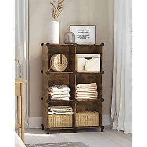 SONGMICS 6 Cube Storage Organizer, DIY Closet Shelf, Plastic Clothes Organizer, Modular Bookcase, 11.8 x 11.8 x 11.8 Inch Cubes, with Feet and Rubber Mallet, Rustic Brown ULPC111A01