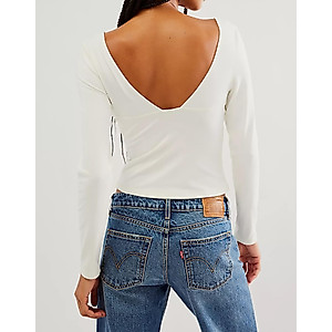 Cioatin Women’s Y2K Long Sleeve Sweetheart V Neck Bustier Crop Tops Tee Slim Fit Corset Going Out Cropped T Shirts Fall White