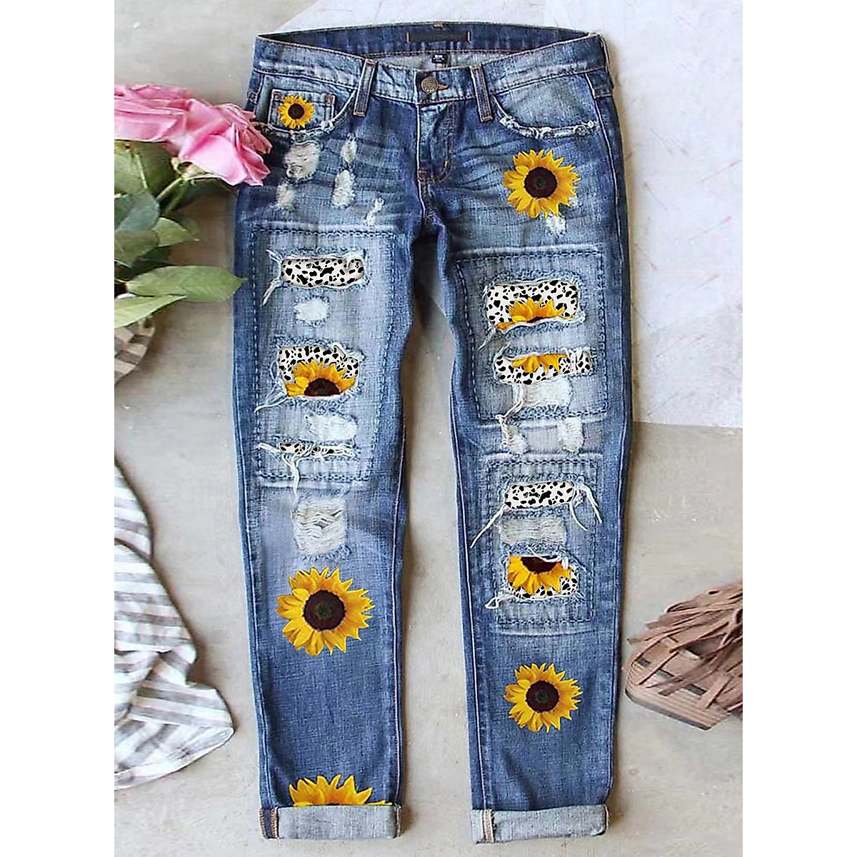 Astylish Women Stylish Destroyed Raw Hem Stretchy Mid Rise Jeans Distressed Boyfriend Ripped Hole Ankle Sunflower Denim Pants Large