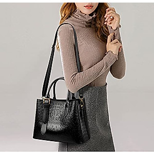 Fashion Crocodile Satchel Handbag for Women Top Handle Crossbody Bag Large Leather Shoulder Bag Ladies Purse (Black)