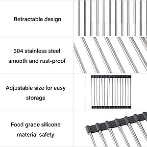 OHOH Expandable Roll Up Dish Drying Rack Fit Most Sink, Adjustable 10.8" -19.7", Sink Topper Foldable Multipurpose Heat Resistant Over The Sink Kitchen Draining Rack for Cups Bottle Fruits Vegetables