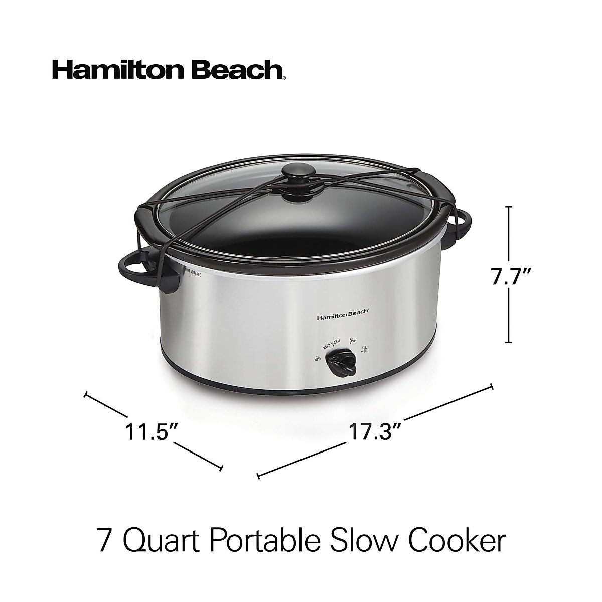 Hamilton Beach 7-Quart Portable Slow Cooker Serves 8+, Dishwasher Safe Crock, Lid Latch Strap for Travel, Brushed Silver
