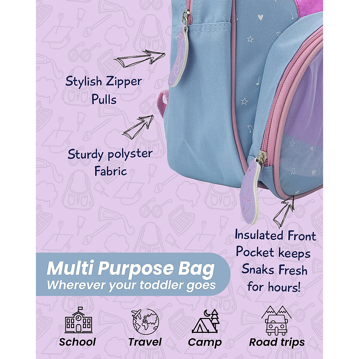JOY2B Toddler Backpack for Girls and Boys - Ballerina Backpack for Girls and Boys - Kids Backpack for School Camp Travel - Preschool Backpack with Water Bottle Holder - Brilliant Ballerina