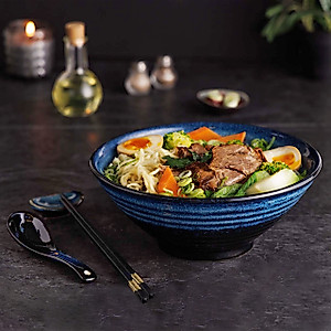 Grünhirsch Unbreakable Ramen Bowl Set of 2 (8 Pcs) - 44 Oz Exclusive Ceramic Ramen Bowls and Spoon Set - Ideal for Ramen Noodles, Pasta, and Pho - Japanese-Inspired Dining Experience with Chopsticks