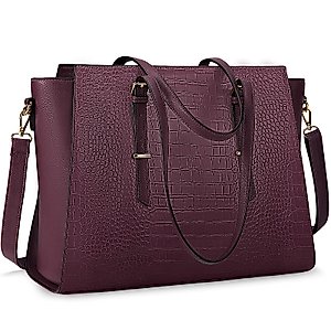 Laptop Bag for Women 15.6 Inch Large Capacity Laptop Tote Bag Waterproof Lightweight Leather Shoulder Handbag Professional Office Briefcase Classy Computer Work Bag, Wine Red