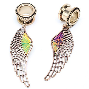 Balala 5/8 inch 16mm Rose Gold 316L Surgical Steel Wing Dangle Ear Gauges Piercing Flesh Tunnels Plugs Statement Earrings