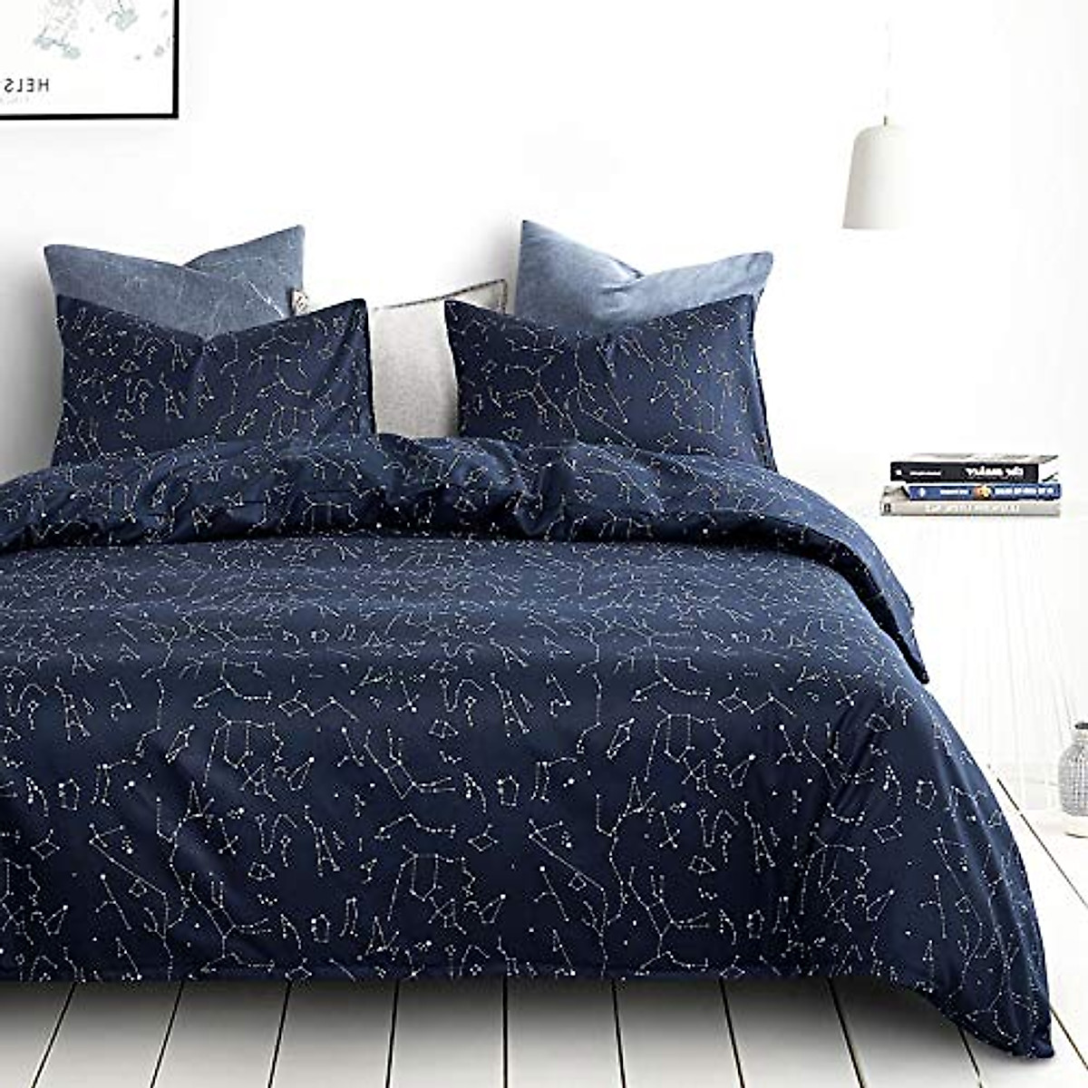Wake In Cloud - Constellation Duvet Cover Set, Navy Blue with White Astronomy Galaxy Space Stars, Soft Microfiber Bedding (3pcs, Queen Size)