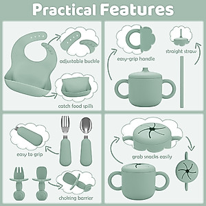 Bufims Silicone Baby Feeding Set, Baby Led Weaning Supplies, Eating Essentials Utensils with Suction Plate and Bowl, Pocket Bib, Sippy Cup with Lid, Forks Spoons Snack Container, for 6+ Months, Green