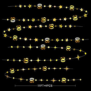 Gold 90th Birthday Decorations Number 90 Circle Dot Twinkle Star Garland Metallic Hanging Streamer Bunting Banner Backdrop for Women Mens 90 Year Old Birthday Nighty Anniversary Party Supplies