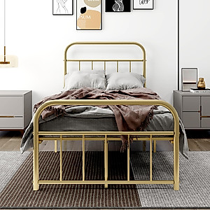 AUFANK Twin XL Metal Platform Bed Frame with Vintage Headboard Footboard Extra Strong Support No Box Spring Needed Noise Free Easy Assembly Gold