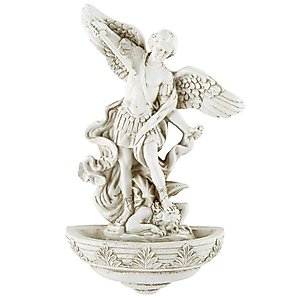 Autom Catholic Hanging Wall Decoration, Saint Michael Archangel Stone Finish Holy Water Font, Religious Home Decor, 9 Inches