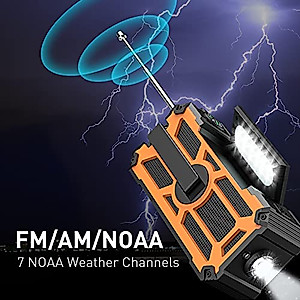 [5000mAh Waterproof] Raddy SW5 Emergency Radio, IPX5 Rechargeable Battery Hand Crank Solar Power Bank, with NOAA Weather Alert AM FM, Flashlight Compass for Power Outage Hurricane Outdoor