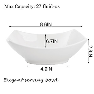 Cedilis 4 Pack Porcelain Serving Bowls, Rectangular Ceramic Salad Bowls, White Side Dishes for Veggie, Potatoes and Fruits, White, 27ounce