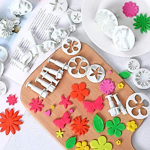 INSPEE Fondant Tools 33 Pieces Plunger Sugarcraft Cake Cookie Cutters Sunflower Leaf Butterfly Heart Gerbera Shapes Decorating Mold DIY Tools