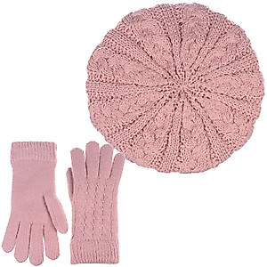 Accessories Necessary Winter Solid Toasty Warm Fleece Lined Knit Gloves & Beanie Beret 2 piece Set (PPink)