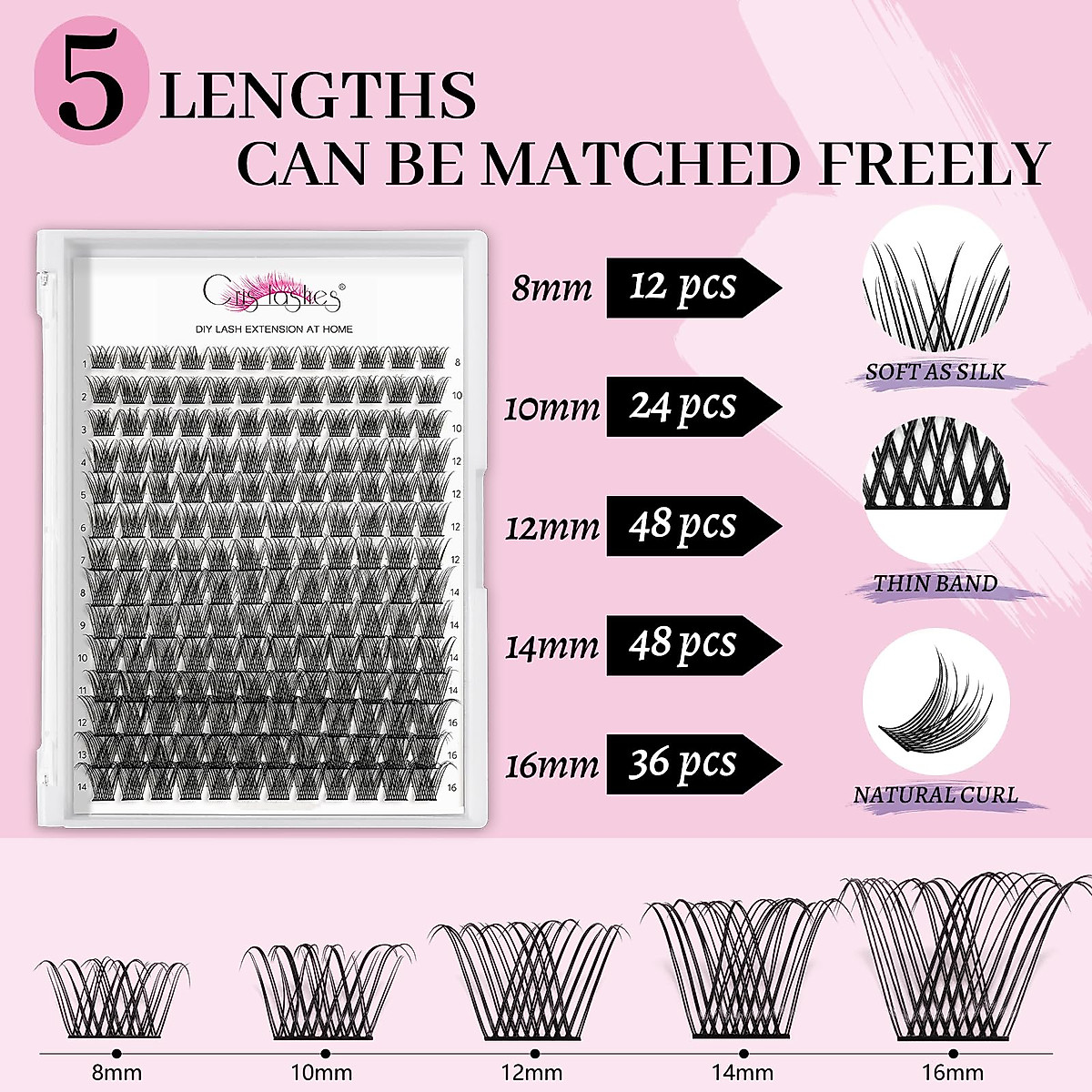 Crislashes DIY Extension Kit - 168 PCS 8-16mm Mixed Lashes, Lash Bond and Seal, Applicator, Reusable Cluster Lashes Home Use (KIT 03)
