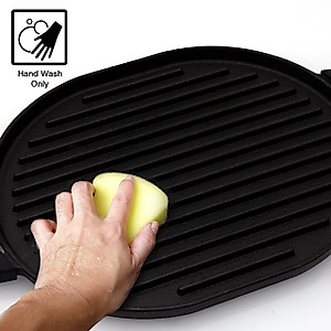 Nuwave Cast Iron Grill, 12.42”x10.21” Non-Stick Grilling Surface, Deep Grill Ridges, Pre-Seasoned, Stay-Cool Silicone Handles, Easy-to-Clean,Oven Safe,Stovetop,BBQ,Fire & Smoker,Induction-Ready,Black