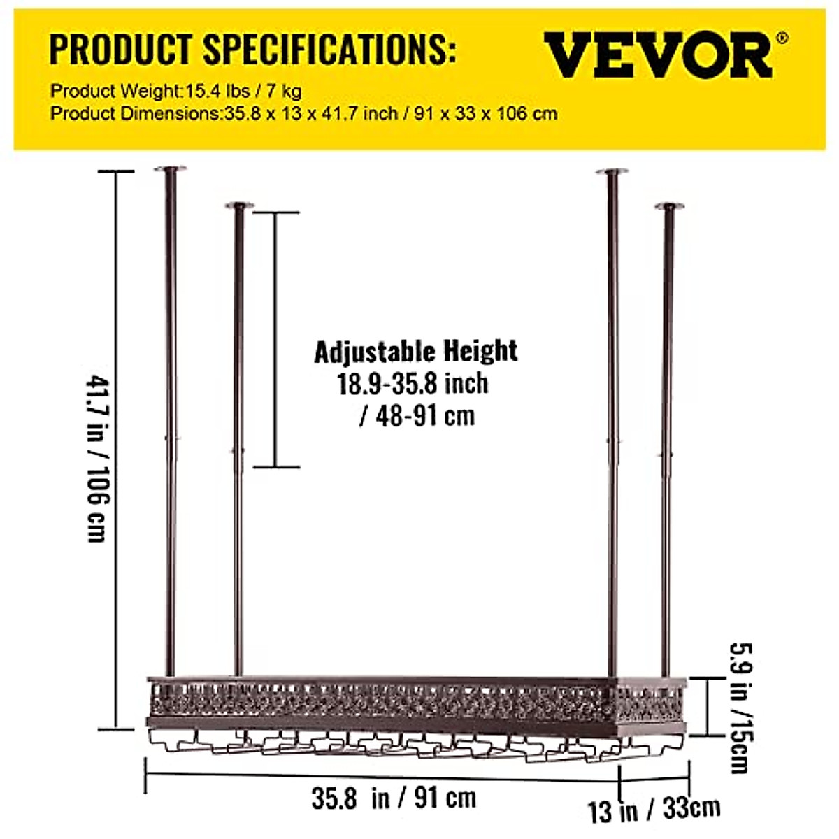 VEVOR Ceiling Wine Glass Rack, 35.8 x 13 inch Hanging Wine Glass Rack, 18.9-35.8 inch Height Adjustable Hanging Wine Rack Cabinet, Coppery Wall-Mounted Wine Glass Rack Perfect for Bar Cafe Kitchen