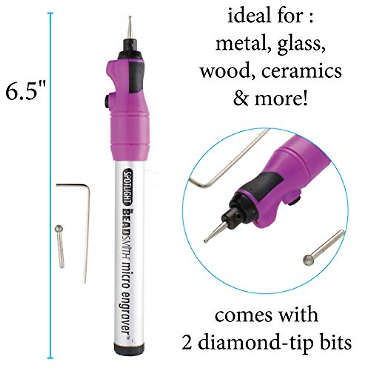 The Beadsmith Micro Engraver w/Spotlight, 6.25", Battery Operated (2xAAA), 2 Round Diamond-Tip Bits and Hex Key, Engraver, Polisher, Sander- for Metal Engraving, Wood Carving, and Jewelry Polishing