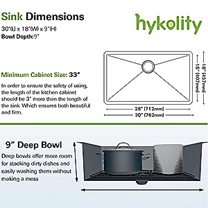 Hykolity 30-inch Undermount Kitchen Sink, 16 Gauge Single Bowl Stainless Steel Kitchen Sink with Strainer & Bottom Grid, 30" x 18" x 9"