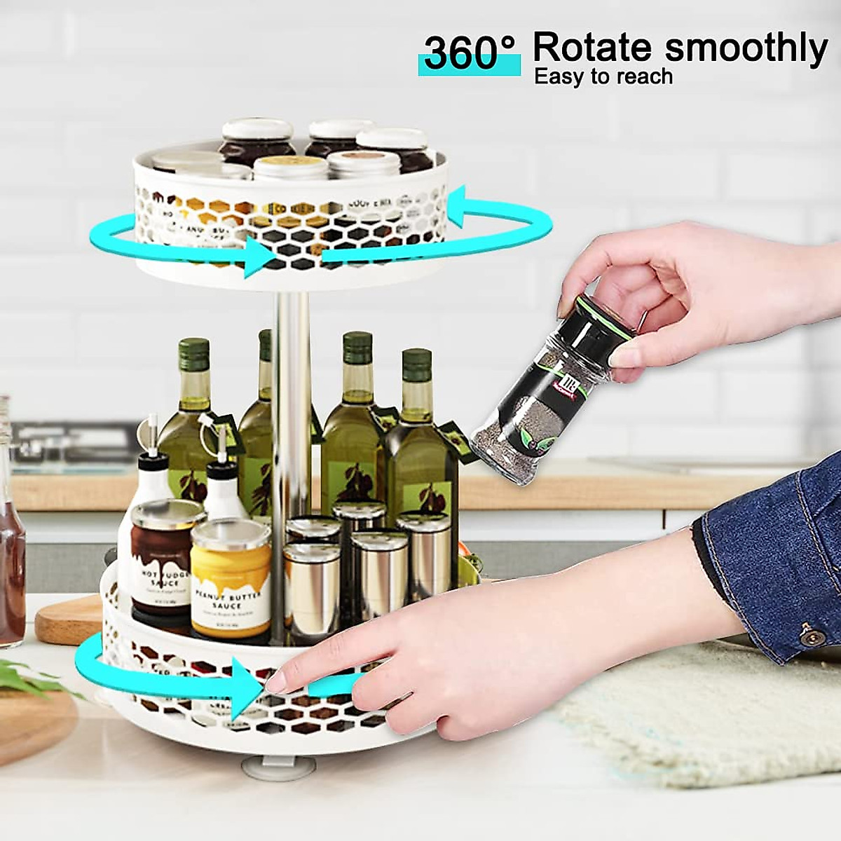 LBW Lazy Susan Organizer, 2 Tier Spice Turntable Organizer for Cabinet with Metal Sell, 10.2''Lx13.9''H Adjustable Spice Rack for Kichen Bathroom Table, White