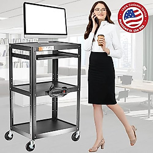 Steel AV Cart on Wheels - Rolling Projector Cart with Height Adjustable Shelf, Pullout Keyboard Tray, Power Strip, and Cord Management - Holds 300 lbs and Easy to Assemble (24'' x 18'' x 41'')