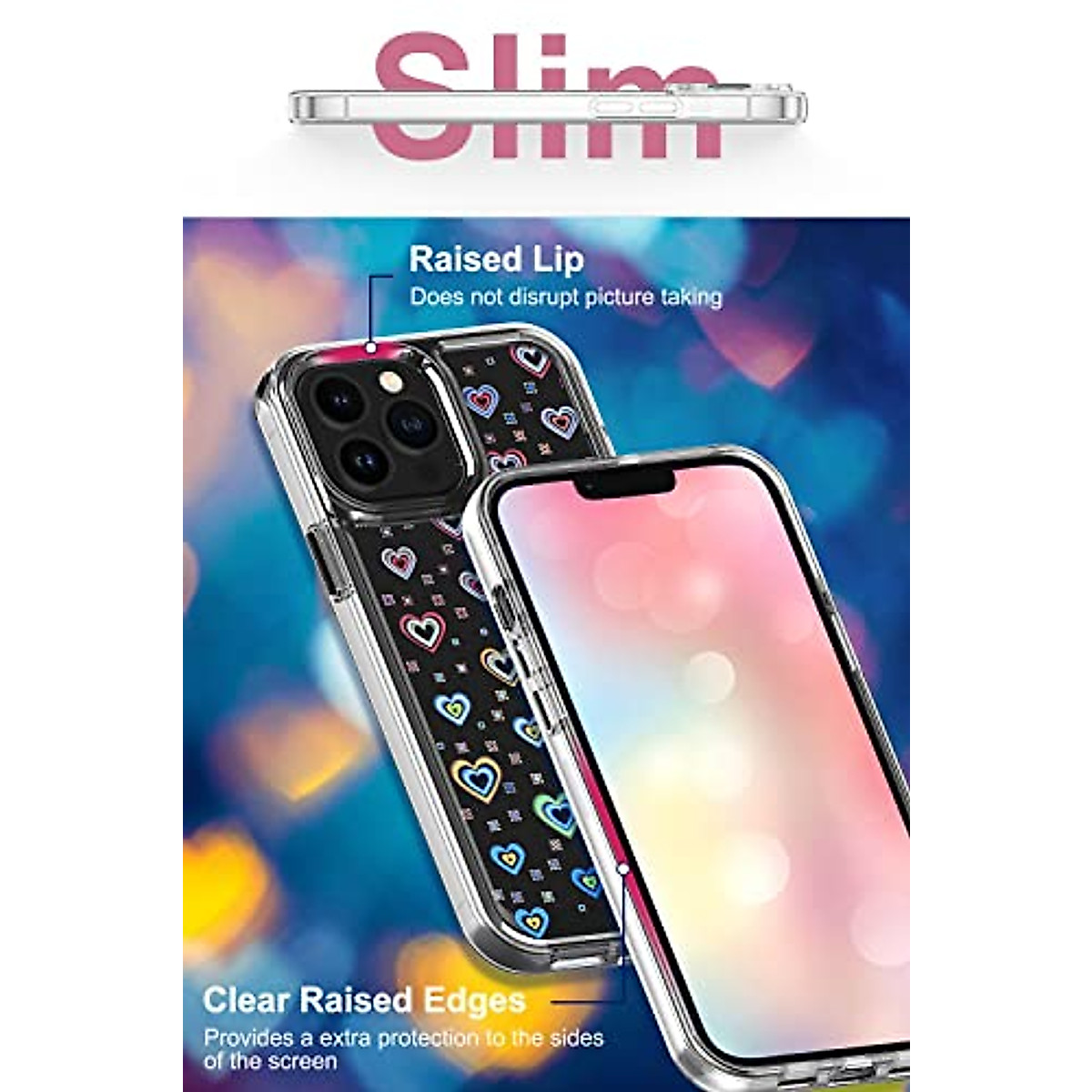 Jusy Compatible with iPhone 13 / iPhone 14 Case, Holographic Love Heart Iridescent Clear Kawaii Phone Case, for Women Aesthetic Laser Bling Rainbow Cute iPhone Cover, Holo Reflective Case