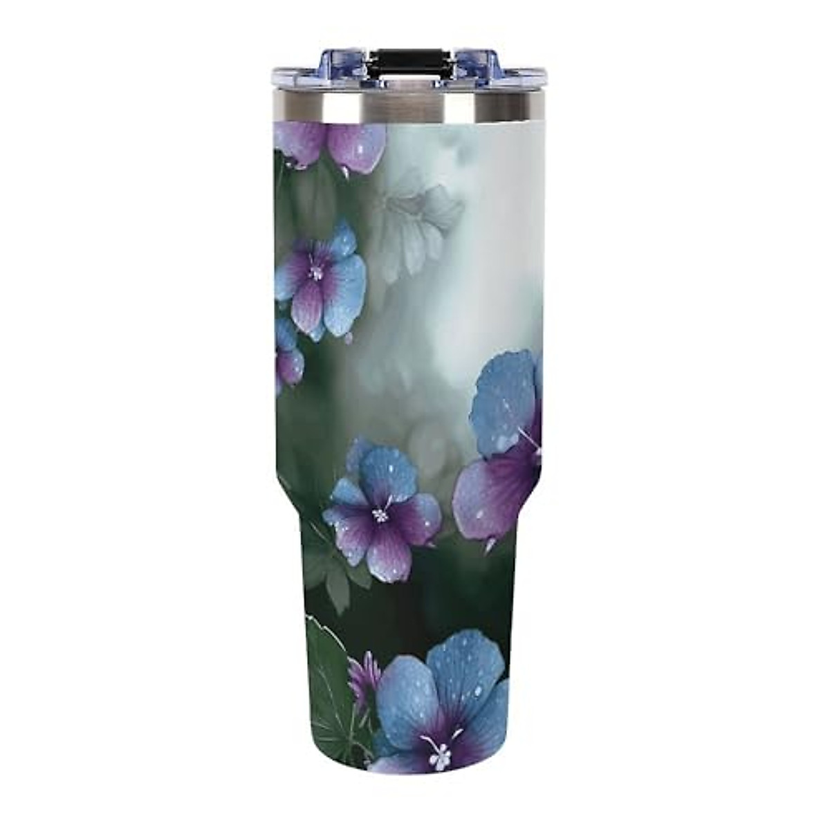 40 Oz Tumbler with Handle Blue Purple Flowers And Green Leaves Stainless Steel Coffee Mug Reusable Travel Mug Leak-proof Insulated Car Cup Large Capacity Tumbler for Travel, Outdoor, Home Use (Black)