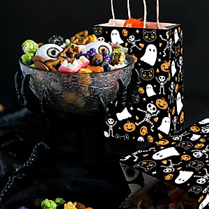 MEHOFOND 16 Pcs Halloween Paper Gifts Bags with Handles, Black Halloween Treat Bags, Skull Ghost Pumpkin Goodie Present Bags for Kids, Trick or Treat Candy Bags for Holiday, Halloween Party Supplies