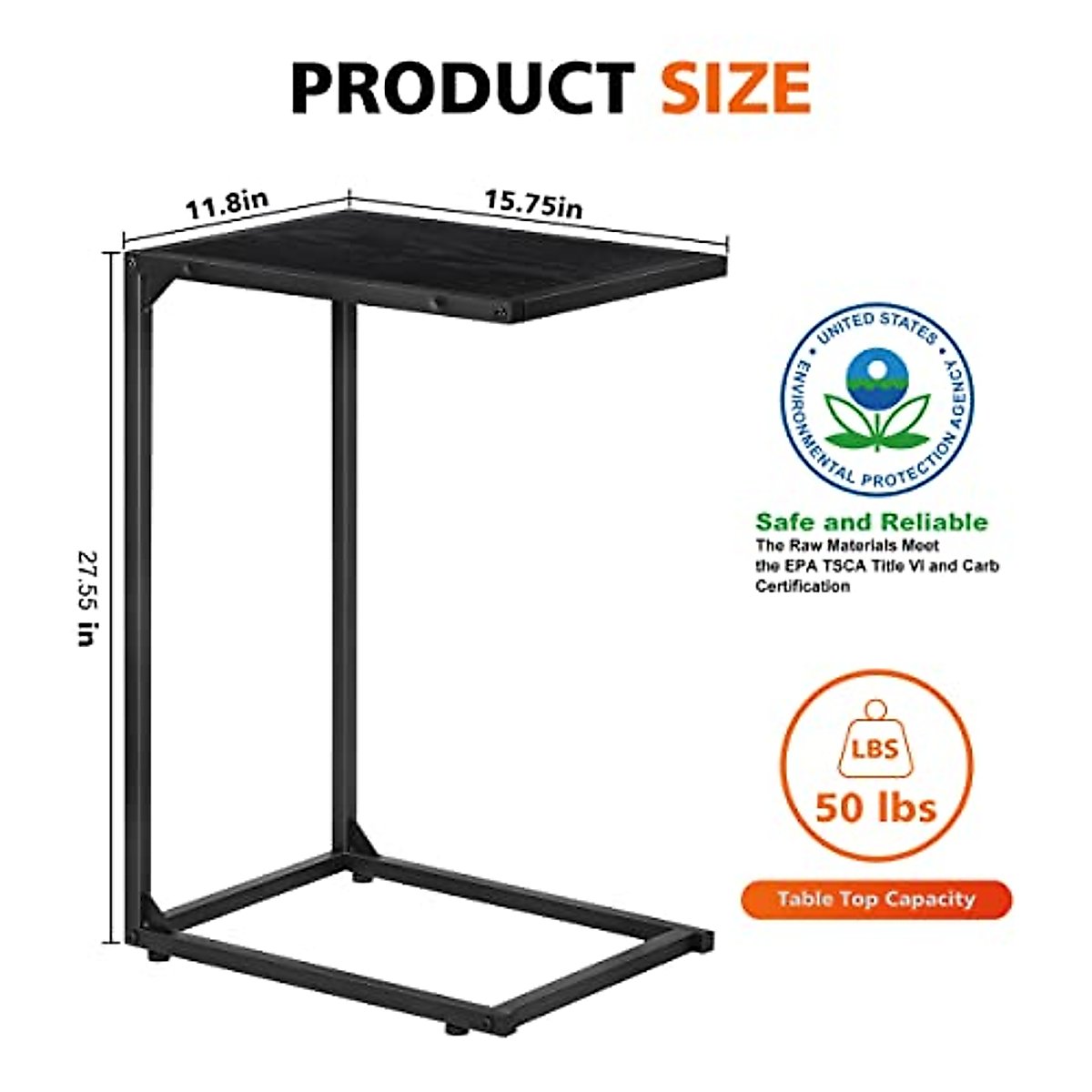 melos C Shaped End Table, Snack Side Table, C Tables for Couch, Couch Tables That Slide Under, for Living Room, Bedroom, Black