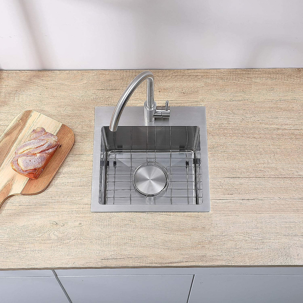 VAPSINT 15x15 inch 304 Stainless Steel Drop in Wet Bar Sink,Single Bowl Topmount Prep Rv Small Kitchen Sink with Grid and Drain