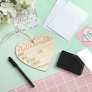 Thyle Baby Announcement Sign Wooden Baby Name Sign for Hospital Birth Announcement Sign Double Sided Newborn Welcome Sign with Marker Pen and Ink Pad for Baby Hand and Footprints Baby Shower (Heart)