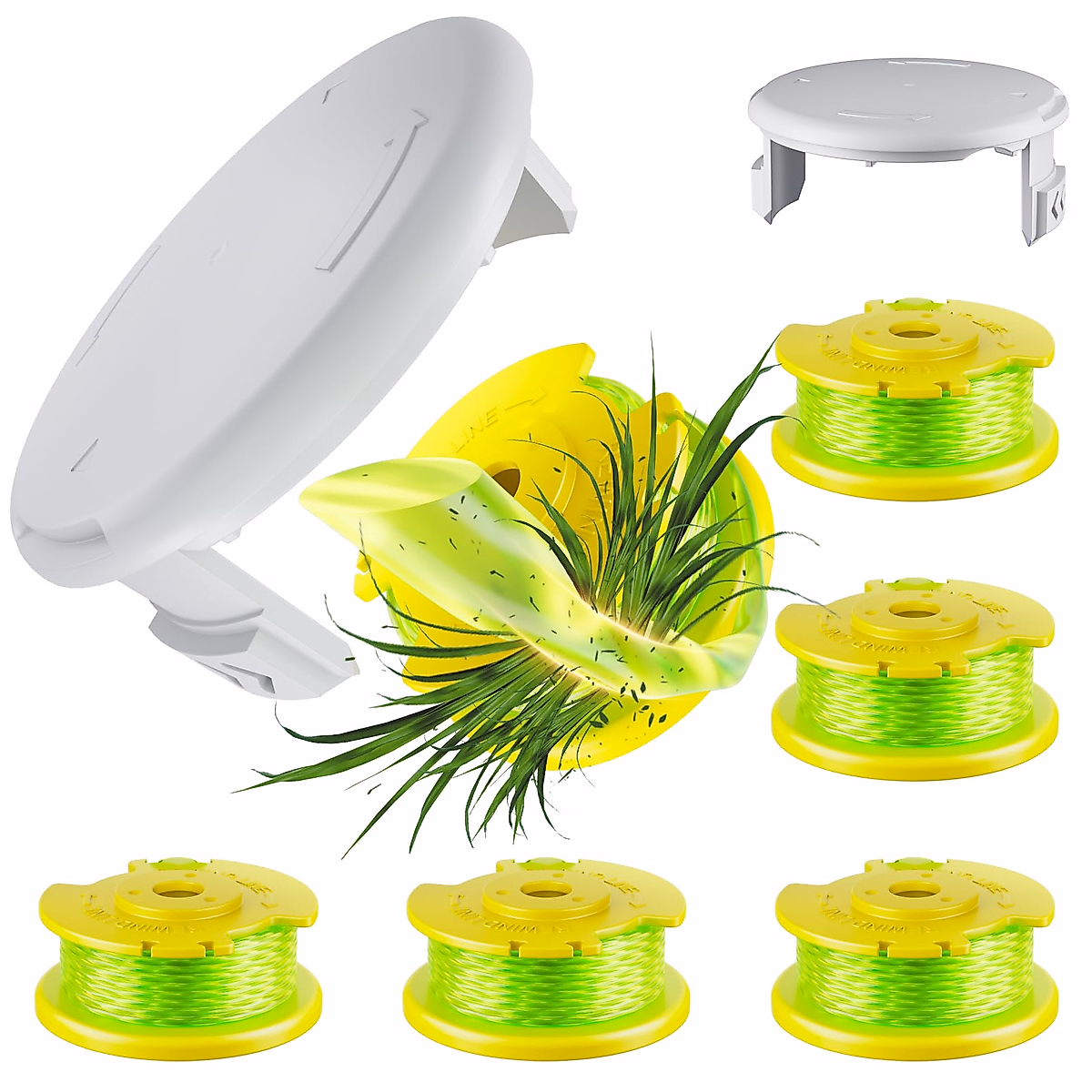 8 Pcs AC80RL3 Replacement Trimmer String for Ryobi One Plus+,0.080" Diameter String Trimmer Refll and AC14HCA Cover Cap Compatible with Ryobi 18v,24v,and 40v Cordless Trimmers(6 Spools+2 Caps)