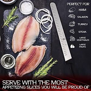14-inch Blade Granton Edge, Turkey, Salmon, ham Slicer, Meat Slicing Knife. NSF Certified, German Steel,Knife sharpening instruction included, Best Knife to Slice Large Roast and Whole Turkey.