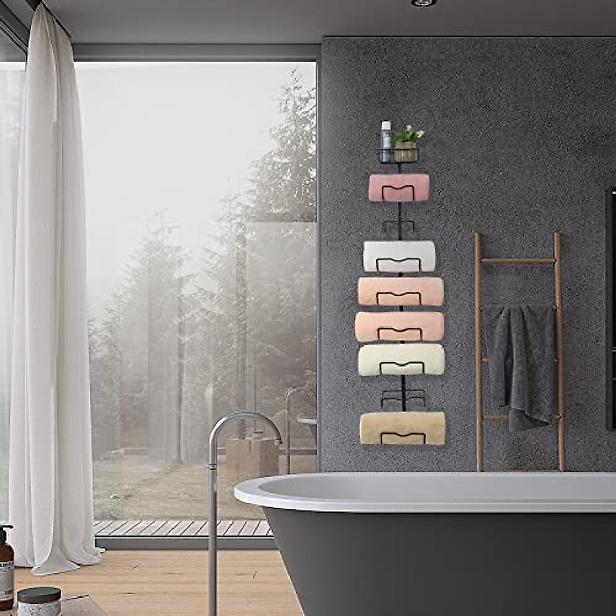 Towel Rack Wall Mount & Over Door Hanging Towel Holder with 9 Adjustable Compartments Rolled Towel Organizer for Bathroom Wine Rack, Black