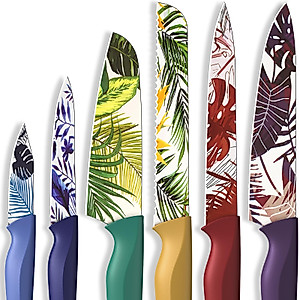 Astercook Knife Set, 12Pcs Colorful Tropical Designs Kitchen Knife Set, Palm Leaf Color-Coded Coated Stainless Steel Kitchen Knives with 6 Blade Guards, Dishwasher Safe