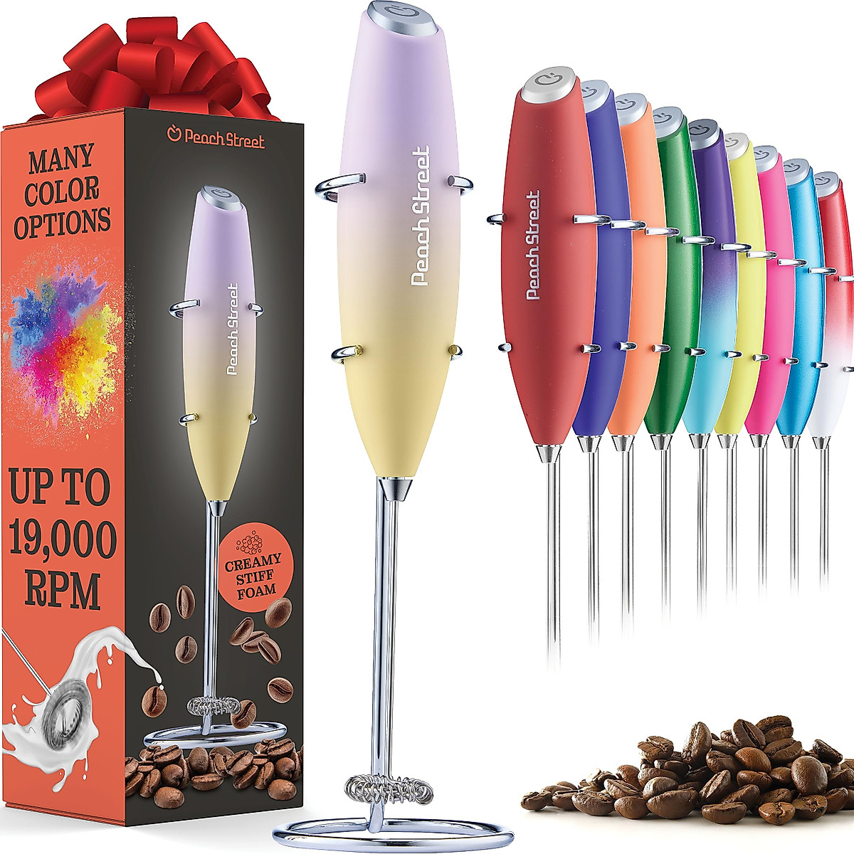 Powerful Handheld Milk Frother, Mini Milk Foamer, Battery Operated (Not included) Stainless Steel Drink Mixer with Frother Stand (Lavender Banana)