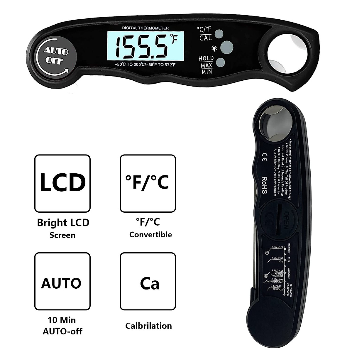 Geobom Waterproof Digital Instant Read Meat Food Thermometer with Folding Probe Backlight Calibration Function for Cooking and Grilling (Black)