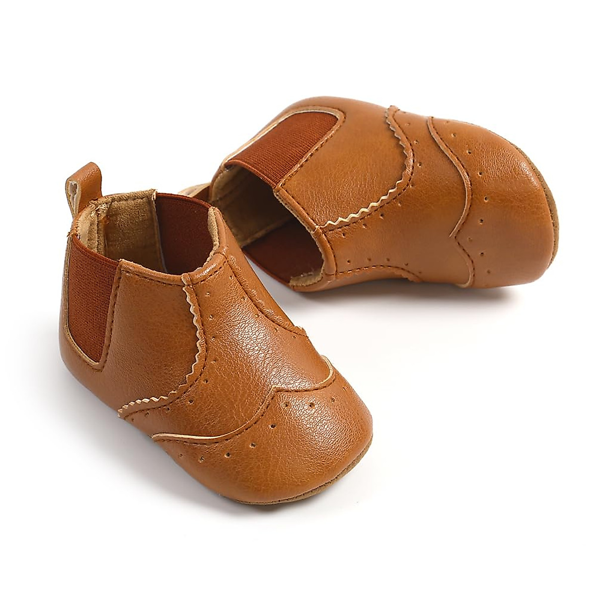 Baby Boys Girls Classic High-Top PU Leather Booties Shoes Wedding Oxford Dress Shoes First Walking Flat Lazy Crib Shoe Brown 0-6 Months
