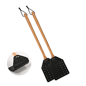 2pcs Leather Fly Swatter, Manual Heavy Duty Flyswatter with Long Wood Handle and Hanging Rope Durable Fly Swatter Catcher Wasp Swatter for Indoor Outdoor Home Fly