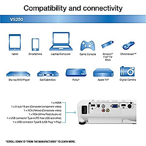 Epson VS250 SVGA 3,200 Lumens Color Brightness (Color Light Output) 3,200 Lumens White Brightness (White Light Output) HDMI 3LCD Projector