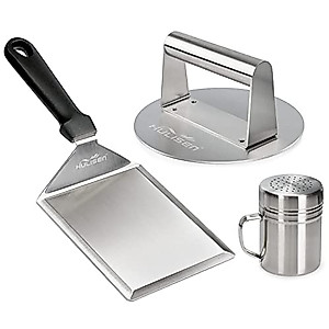 HULISEN Smashed Burger Kit, Stainless Steel Burger Press, Grill Spatula and Spice Dredge Shaker - Burger Smasher Griddle Accessories Kit for Flat Top Griddle Grill Cooking, Gift Package