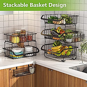 Fruit Vegetable Basket, 1Easylife 5 Tier Stackable Metal Wire Basket Cart with Rolling Wheels, Utility Rack for Kitchen, Pantry, Garage With 2 Free Baskets (Black)