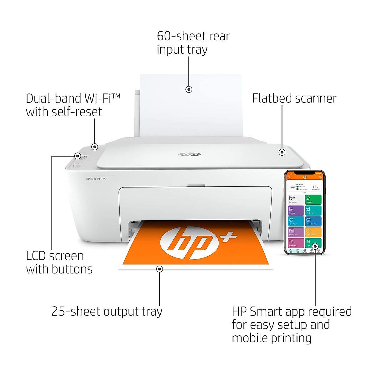 HP DeskJet 2752B Wireless All-in-One Color Inkjet Printer for Home Office, White - Print Scan Copy - Icon LCD Display, 4800 x 1200 dpi, WiFi, Bluetooth, Hi-Speed USB, Instant Ink Ready