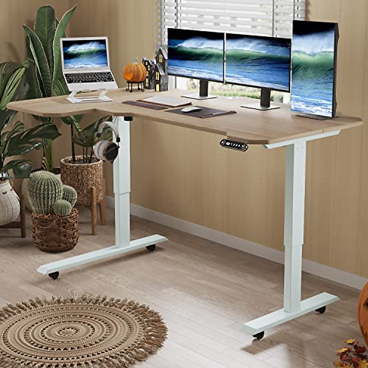 BUNOEM L-Shaped 59" Height Adjustable Electric Standing Desk,Height Stand Up Computer Desk,Sit and Stand Home Office Desk with Splice Board (Oak Top, White Frame)