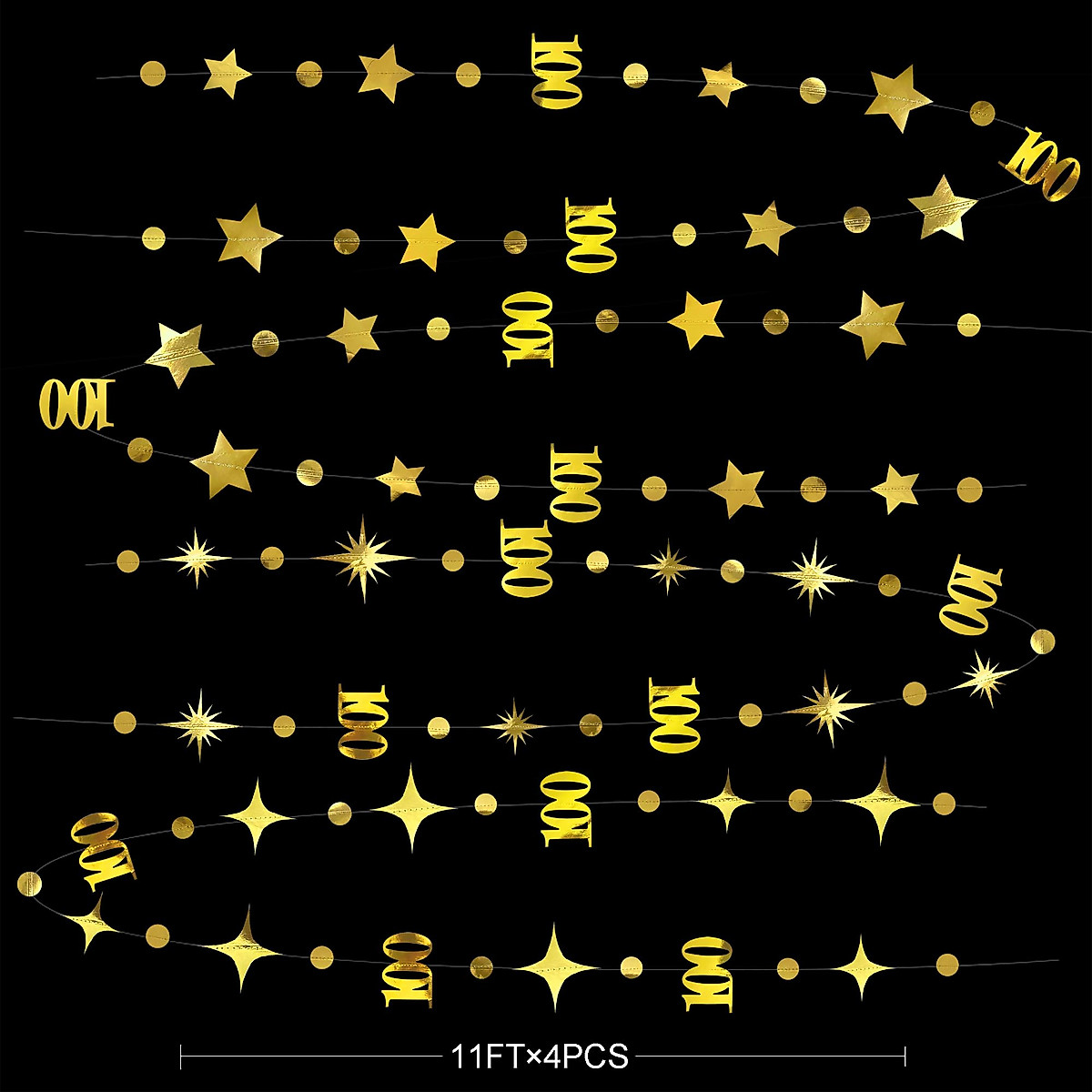 Gold 100th Birthday Decorations Number 100 Circle Dot Twinkle Star Garland Hanging Streamer Bunting Banner Backdrop for Women Mens 100th Anniversary Babys Happy 100 Days Birthday Party Decor Supplies